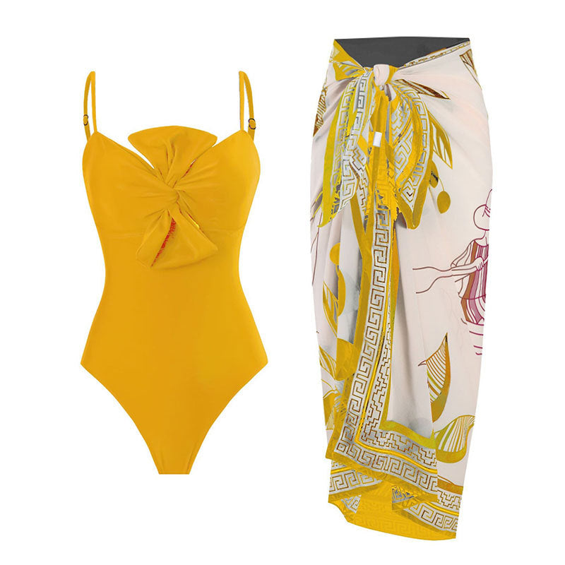 Bow Solid Color One Piece Women Swimwear Suit French Retro Cover Belly ...