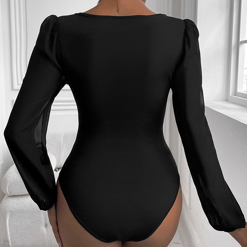 Women Clothing Black Mesh Stitching V neck Jumpsuit – Onassis Krown