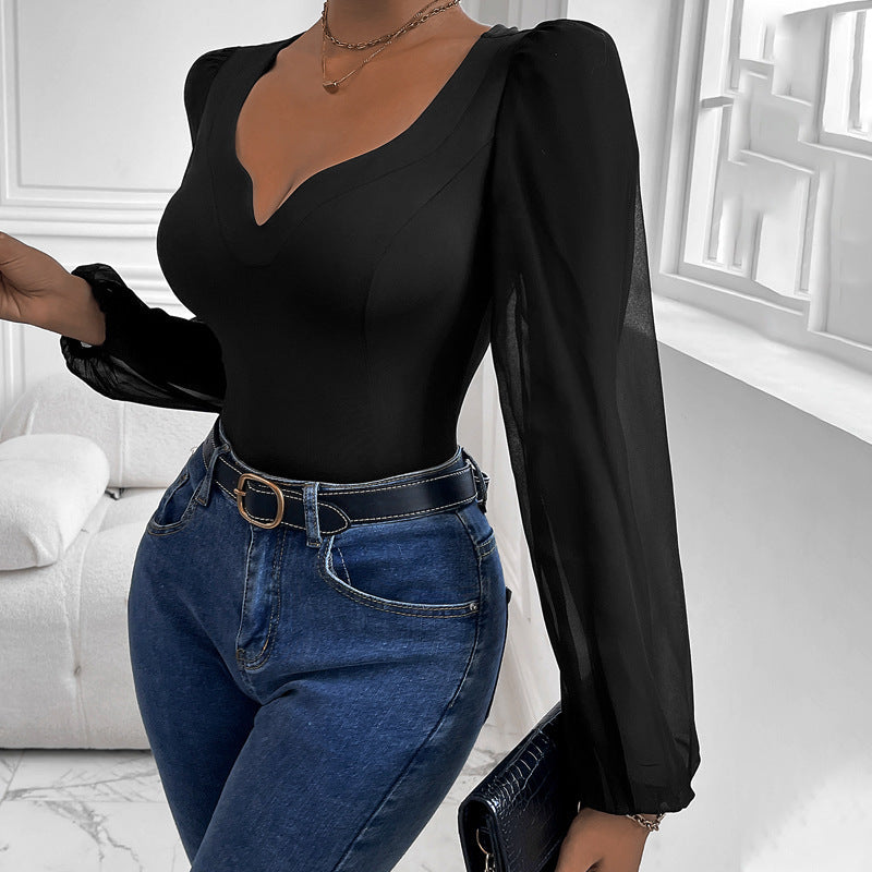 Women Clothing Black Mesh Stitching V neck Jumpsuit – Onassis Krown
