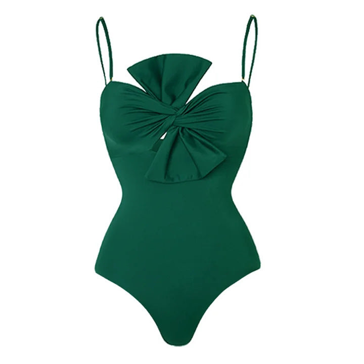 Bow Solid Color One Piece Women Swimwear Suit French Retro Cover Belly ...